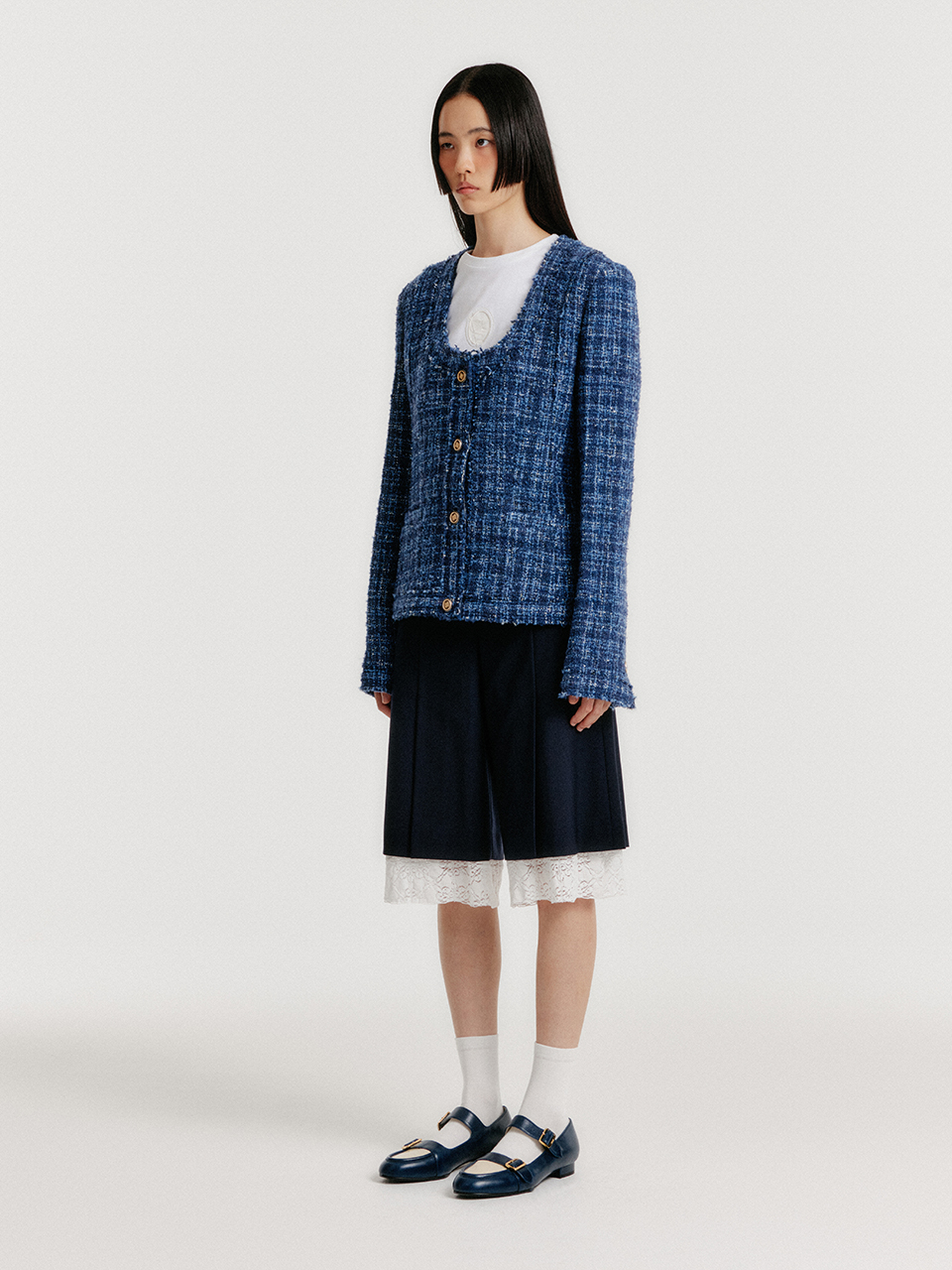 EENK(잉크) YASE Tweed U-Neck Jacket - Blue | S.I.VILLAGE (에스아이빌리지)